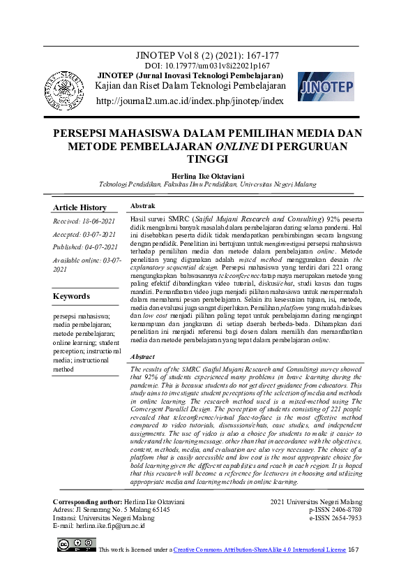 (PDF) Persepsi Mahasiswa dalam Pemilihan Media dan Metode Pembelajaran Online di Perguruan Tinggi