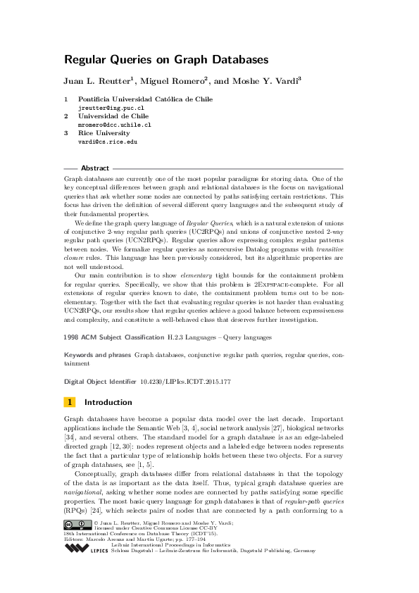 (PDF) Regular Queries on Graph Databases