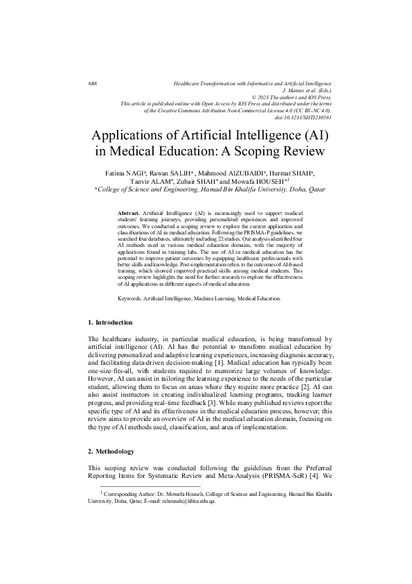 (PDF) Applications of Artificial Intelligence (AI) in Medical Education: A Scoping Review