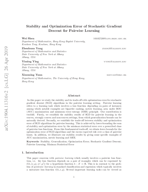 (PDF) Stability and optimization error of stochastic gradient descent for pairwise learning