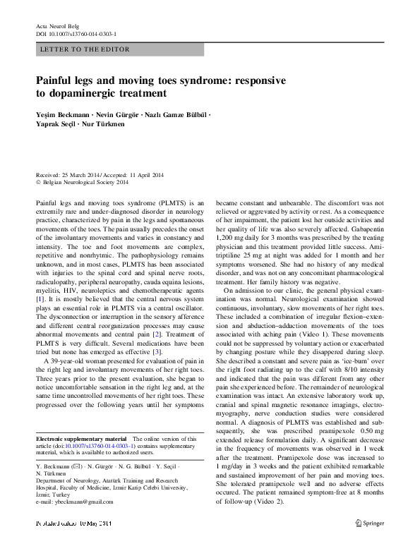 (PDF) Painful legs and moving toes syndrome: responsive to dopaminergic ...