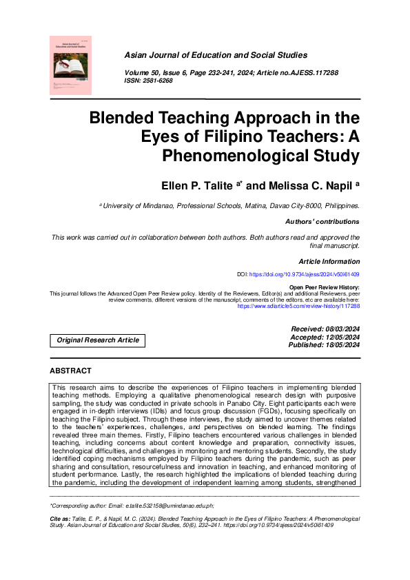 (PDF) Blended Teaching Approach in the Eyes of Filipino Teachers: A ...