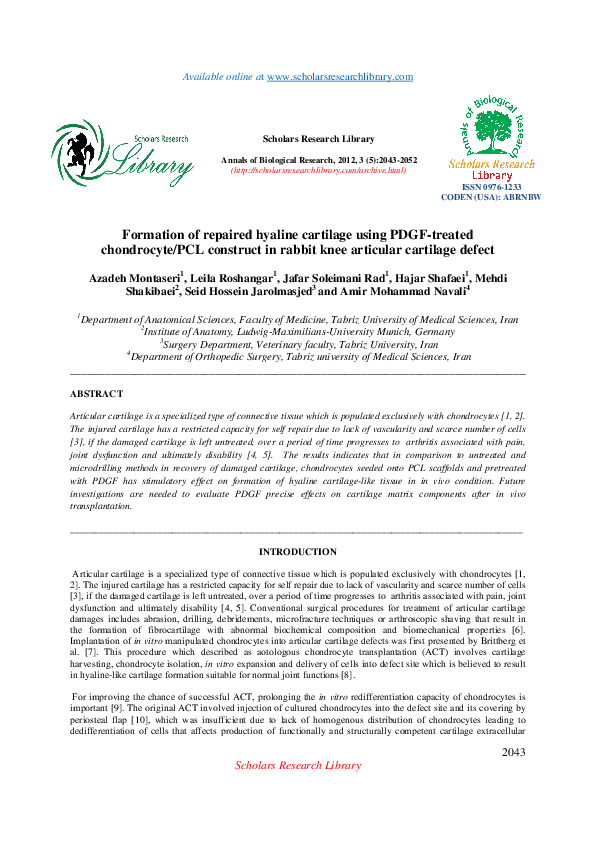 (PDF) Formation of repaired hyaline cartilage using PDGF-treated ...