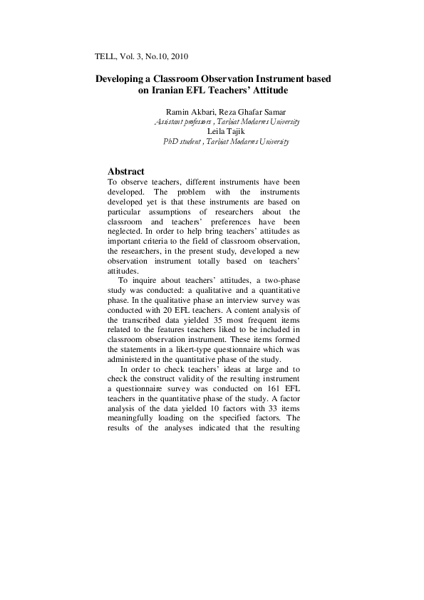 (PDF) Developing a Classroom Observation Instrument based on Iranian EFL Teachers’ Attitude