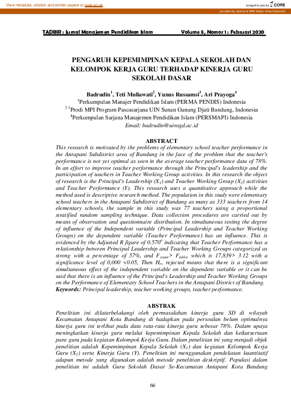(PDF) Pengaruh Kepemimpinan Kepala Sekolah dan Kelompok Kerja Guru Terhadap Kinerja Guru Sekolah ...