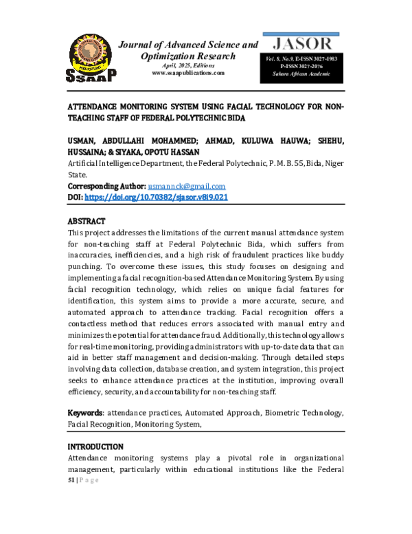 (PDF) ATTENDANCE MONITORING SYSTEM USING FACIAL TECHNOLOGY FOR NON ...