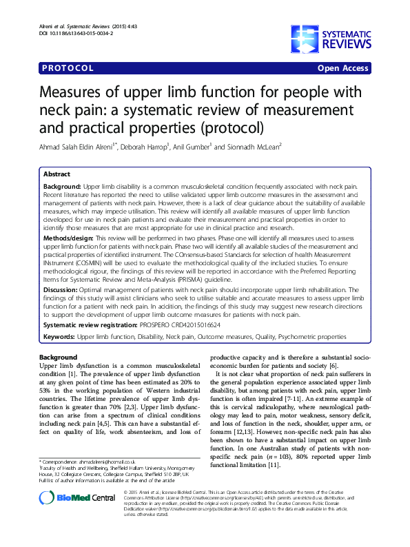 (PDF) Measures of upper limb function for people with neck pain: a ...