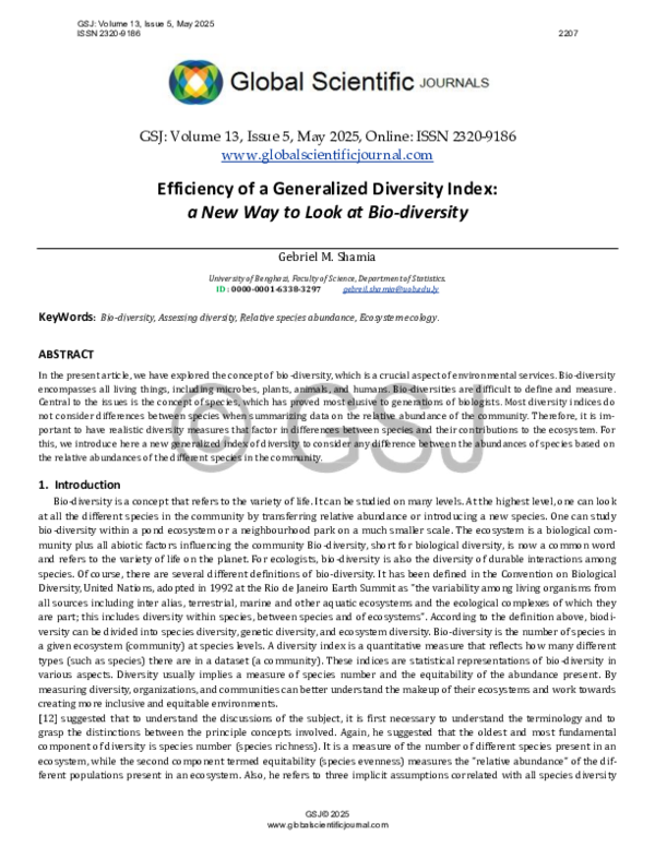 (PDF) Efficiency of a Generalized Diversity Index: a New Way to Look at Bio-diversity