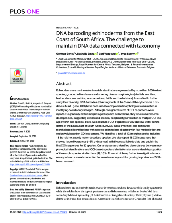 (PDF) DNA barcoding echinoderms from the East Coast of South Africa. The challenge to maintain ...