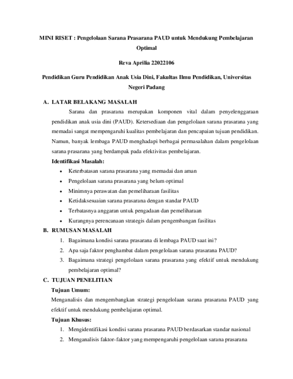 (PDF) MINI RISET : Pengelolaan Sarana Prasarana PAUD untuk Mendukung Pembelajaran Optimal