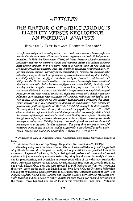(PDF) The Rhetoric of Strict Products Liability Versus Negligence: An ...