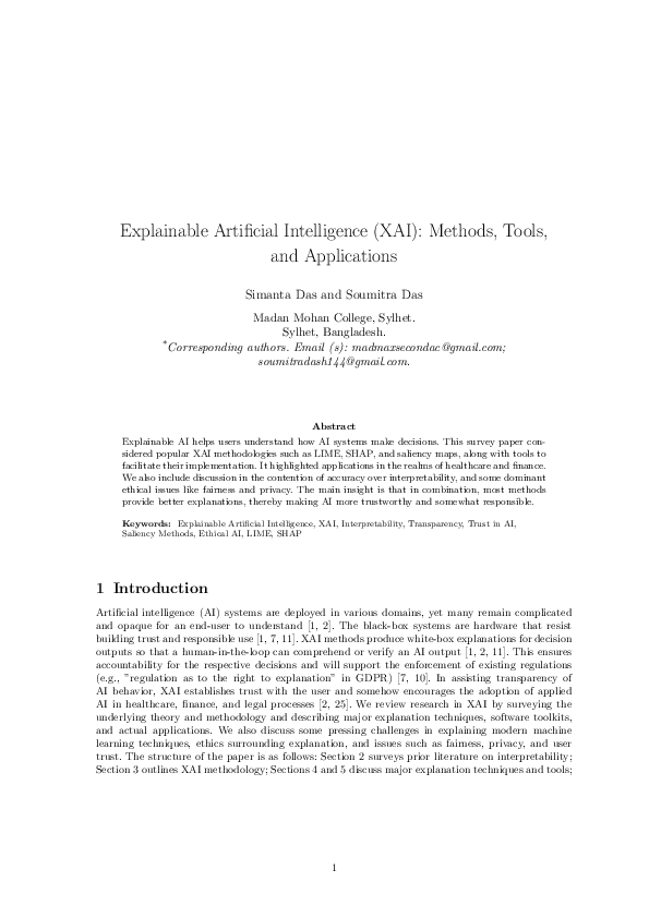 (PDF) Explainable Artificial Intelligence (XAI): Methods, Tools, and Applications