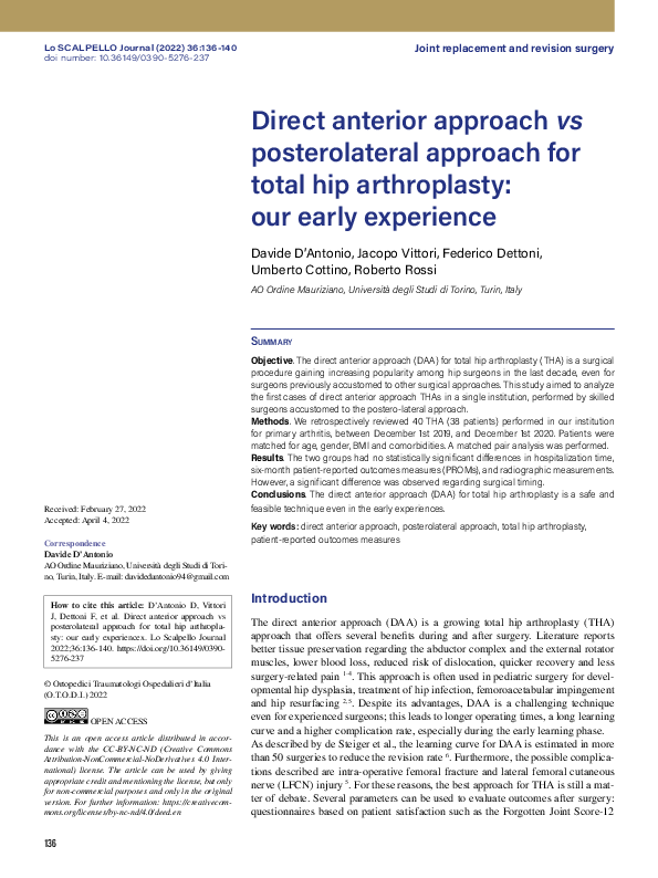 (PDF) Direct anterior approach vs posterolateral approach for total hip ...