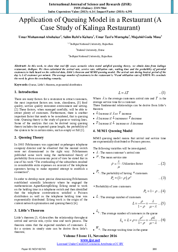 (PDF) Application of Queuing Model in a Restaurant (A Case Study of Kalinga Restaurant)
