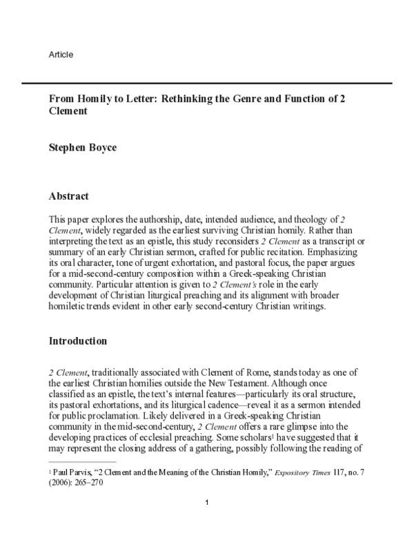 (PDF) From Homily to Letter: Rethinking the Genre and Function of 2 Clement