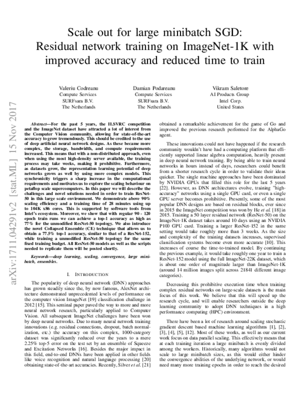 (PDF) Scale out for large minibatch SGD: Residual network training on ImageNet-1K with improved ...