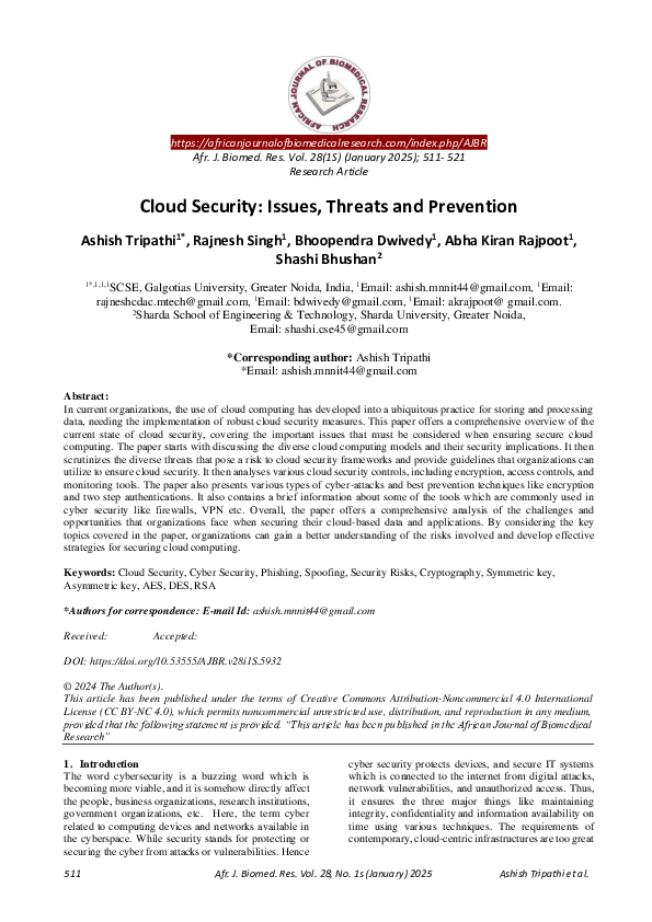 (PDF) Cloud Security: Issues, Threats and Prevention