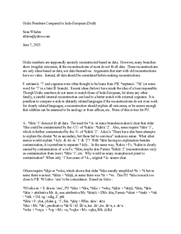 (PDF) Uralic Numbers Compared to Indo-European (Draft)
