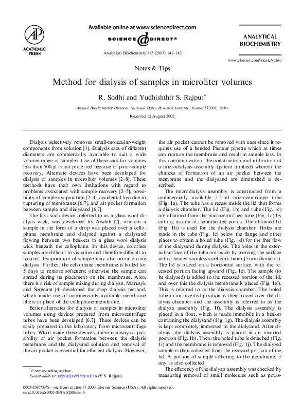(PDF) Method for dialysis of samples in microliter volumes