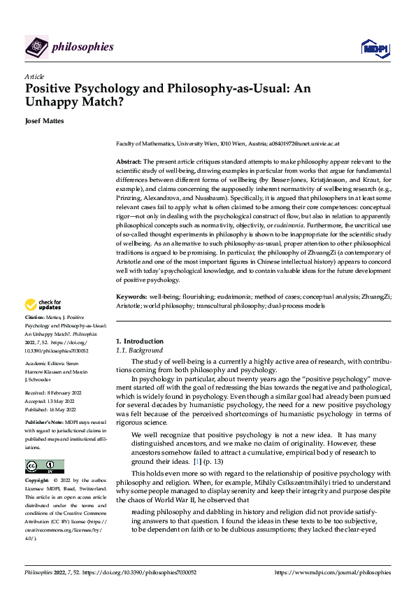 (PDF) Positive Psychology and Philosophy-as-Usual: An Unhappy Match?