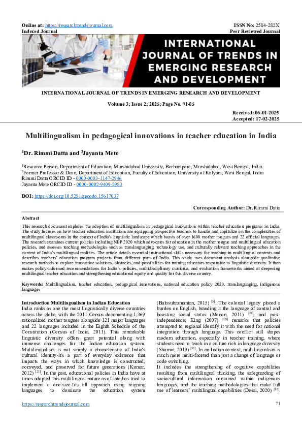 (PDF) Multilingualism in pedagogical innovations in teacher education in India
