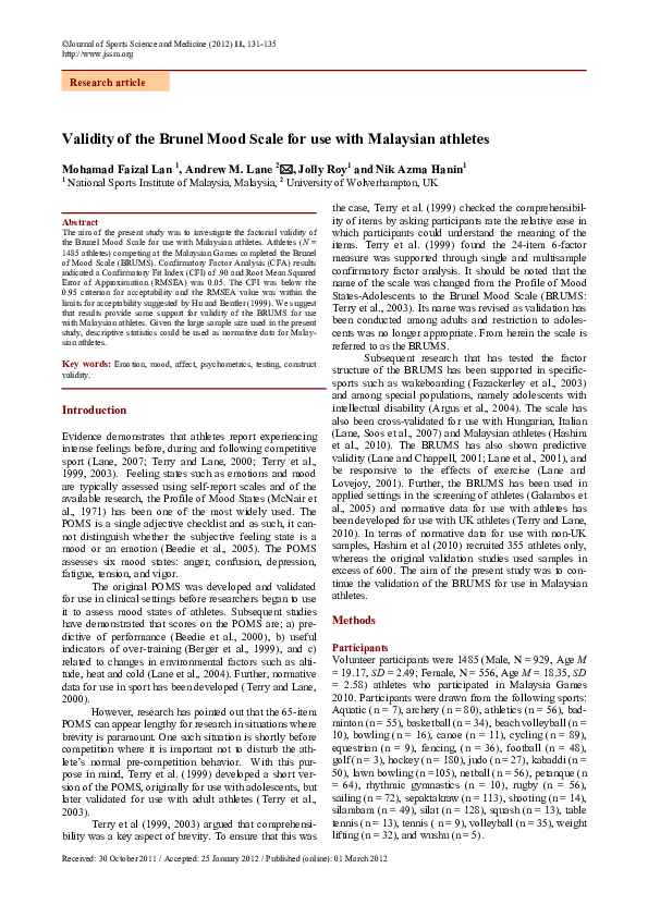 (PDF) Validity of the Brunel Mood Scale for use with Malaysian athletes