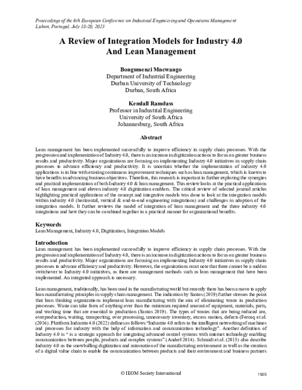 (PDF) A Review of Integration Models for Industry 4.0 And Lean Management