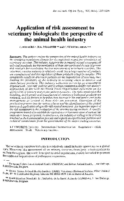 (PDF) Application of risk assessment to veterinary biologicals : the ...