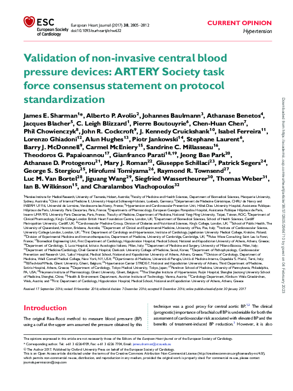 (PDF) Validation of non-invasive central blood pressure devices: ARTERY Society task force ...