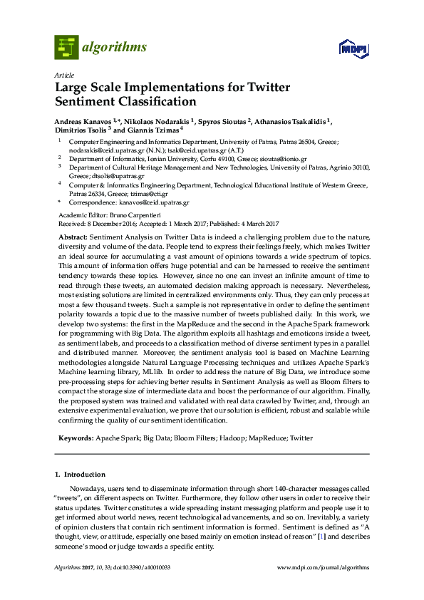 (PDF) Large Scale Implementations for Twitter Sentiment Classification