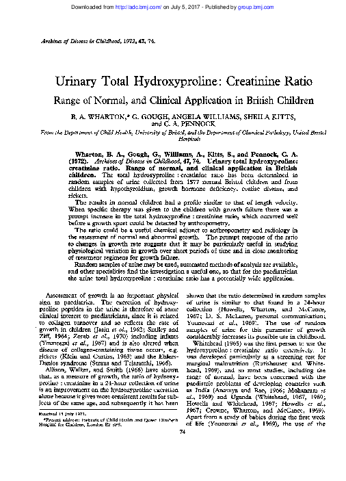 (PDF) Urinary Total Hydroxyproline: Creatinine Ratio: Range of Normal ...