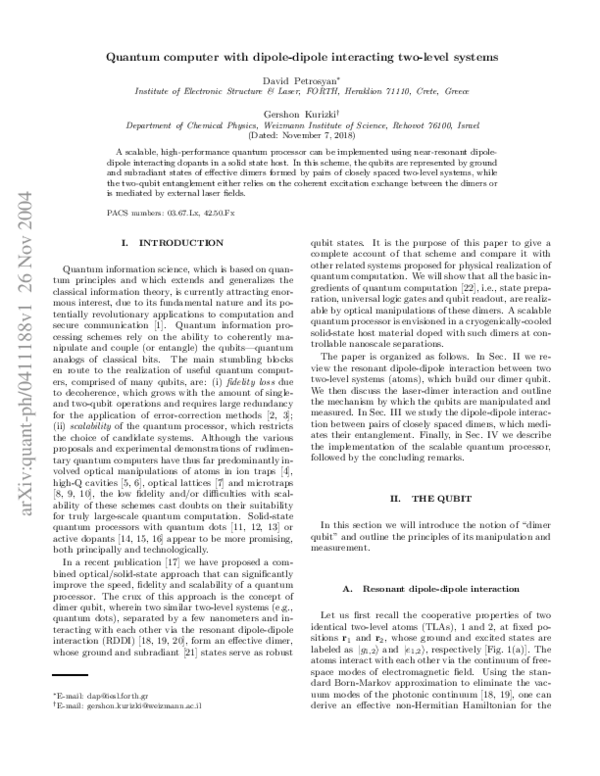 (PDF) Quantum computer with dipole-dipole interacting two-level systems