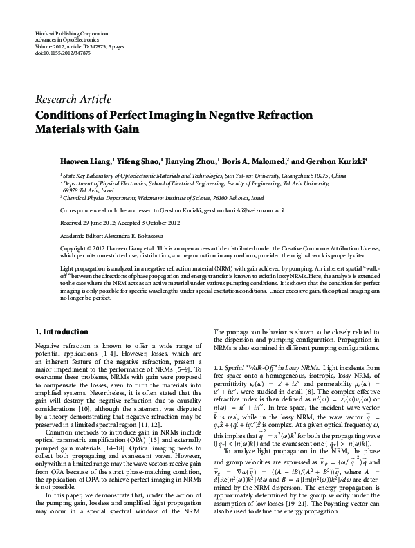 (PDF) Conditions of Perfect Imaging in Negative Refraction Materials with Gain