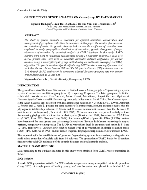 (PDF) GENETIC DIVERGENCE ANALYSIS ON Cucumis spp. BY RAPD MARKER