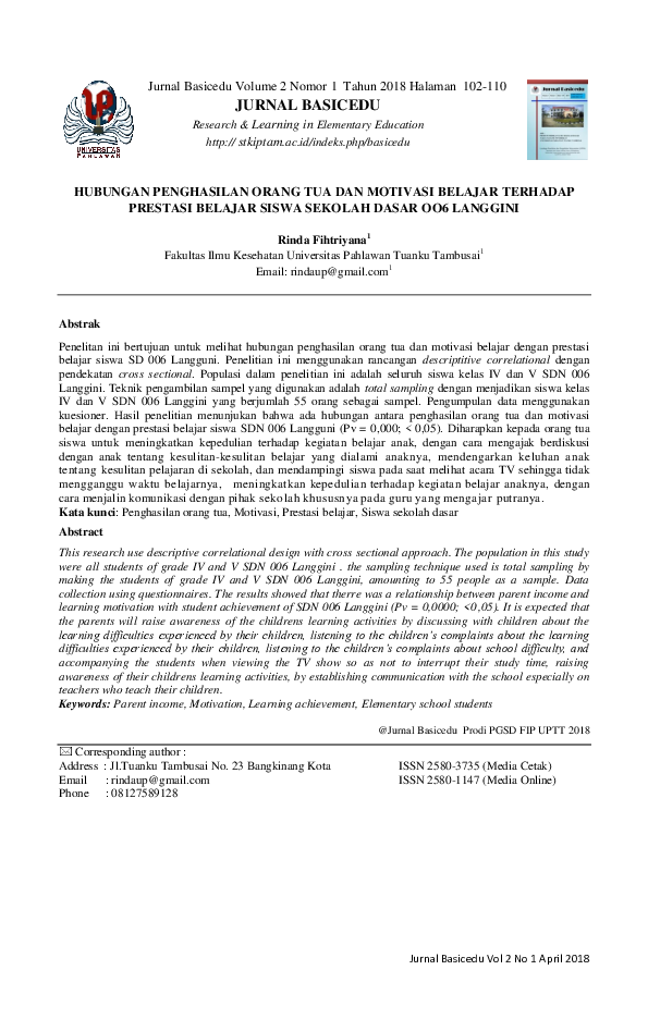 (PDF) Hubungan Penghasilan Orang Tua Dan Motivasi Belajar Terhadap Prestasi Belajar Siswa ...