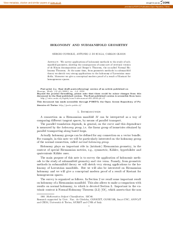 (PDF) Holonomy and Submanifold Geometry