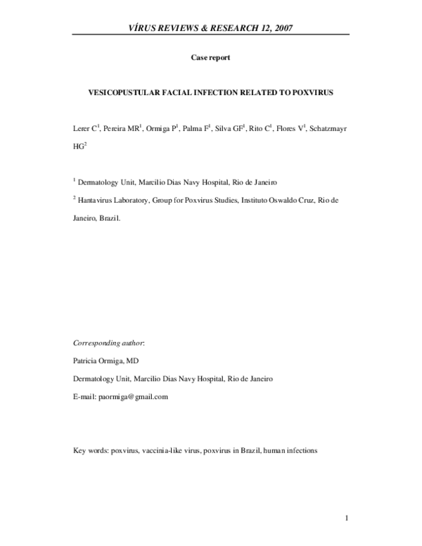 (PDF) Vesicopustular Facial Infection Related to Poxvirus