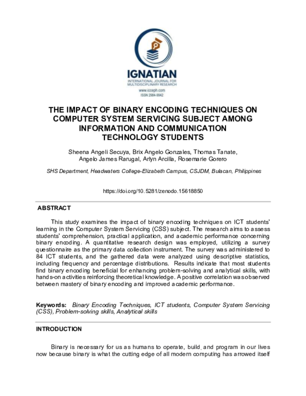 (PDF) THE IMPACT OF BINARY ENCODING TECHNIQUES ON COMPUTER SYSTEM SERVICING SUBJECT AMONG ...