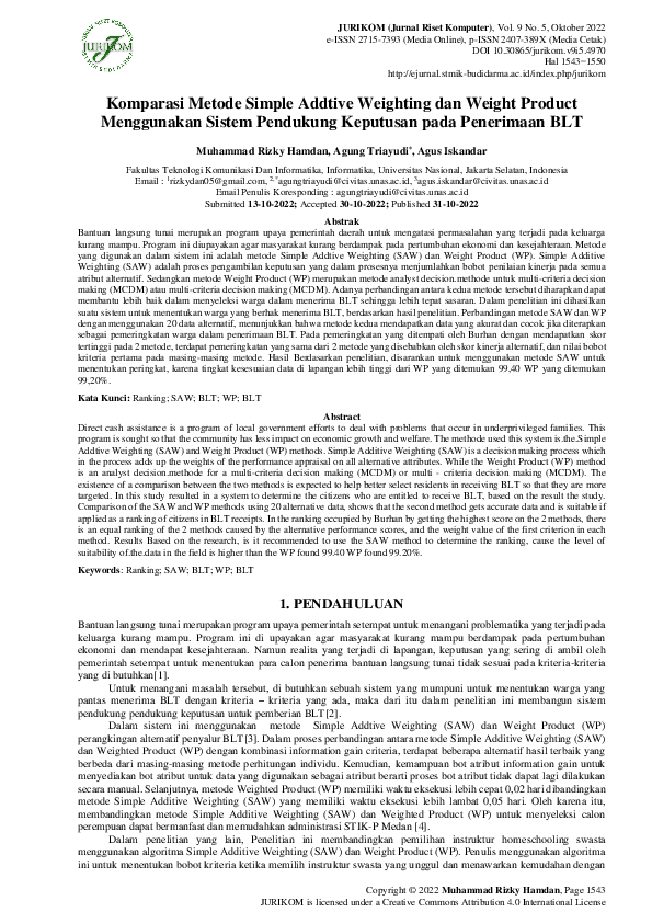 Pdf Komparasi Metode Simple Addtive Weighting Dan Weight Product