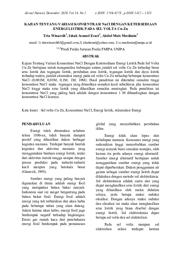 (PDF) KAJIAN TENTANG VARIASI KONSENTRASI NaCl DENGAN KETERSEDIAAN ...