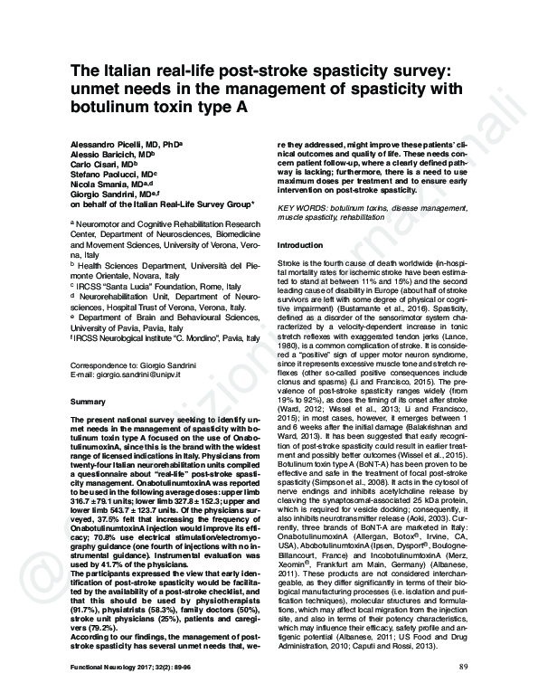 (PDF) The Italian real-life post-stroke spasticity survey: unmet needs ...
