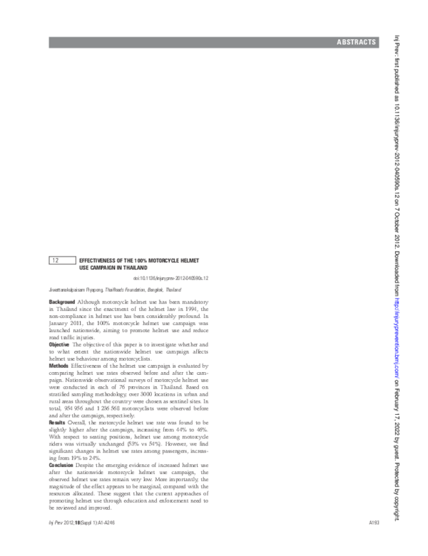 (PDF) Effectiveness of the 100% motorcycle helmet use campaign in Thailand