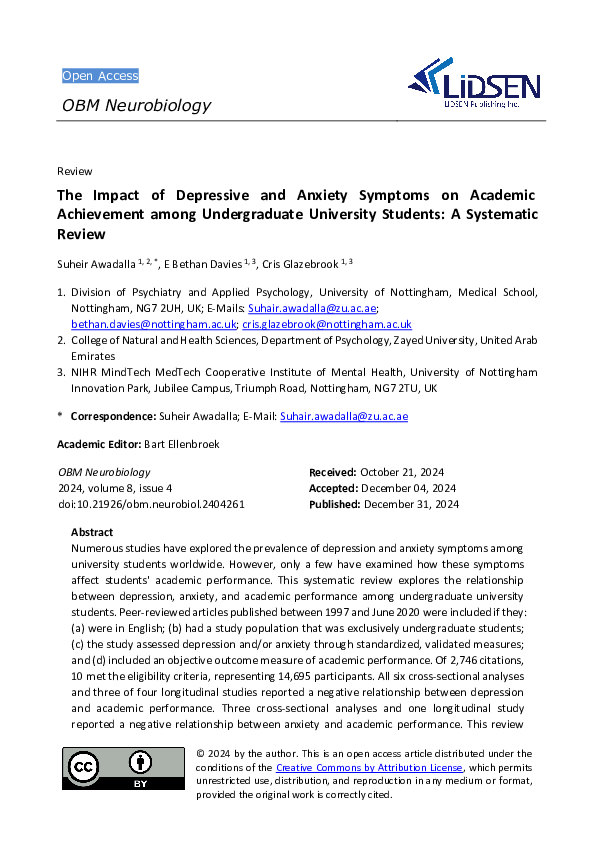 (PDF) The Impact of Depressive and Anxiety Symptoms on Academic Achievement among Undergraduate ...