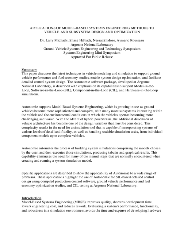 (PDF) Applications of Model-Based Systems Engineering Methods to Vehicle and Subsystem Design ...