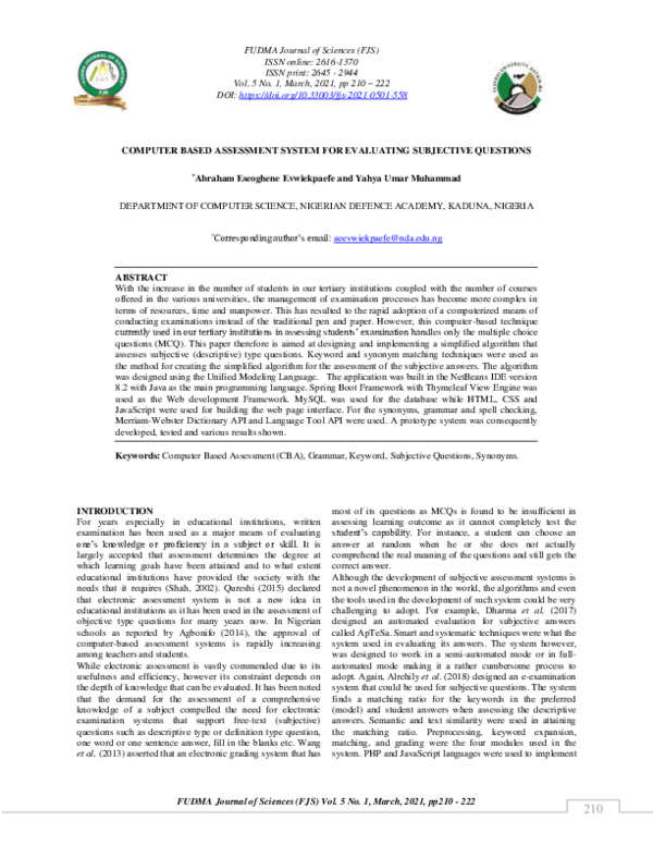 (PDF) Computer Based Assessment System for Evaluating Subjective Questions