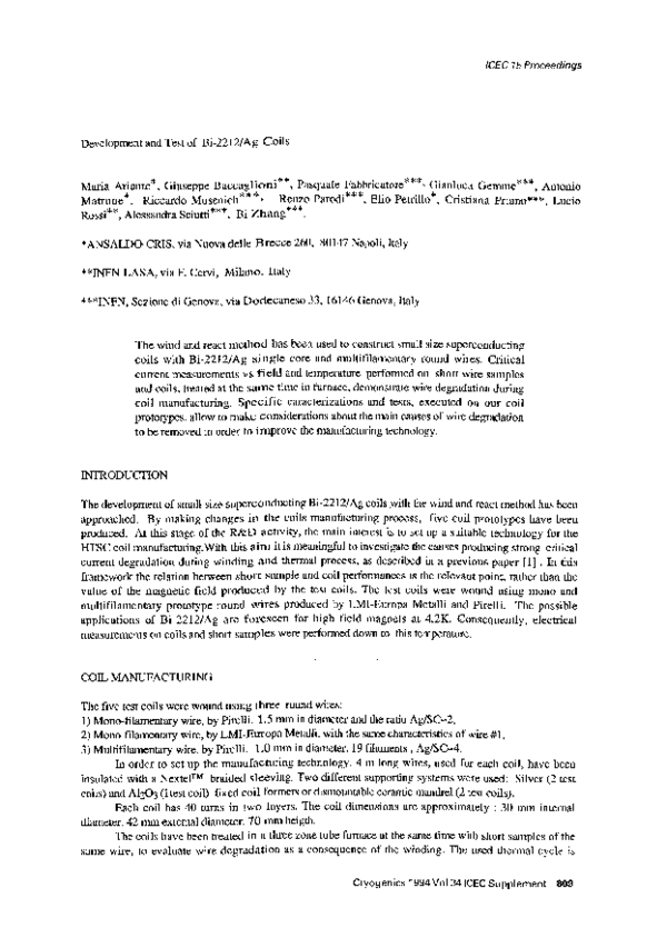 (PDF) Development and test of Bi-2212/Ag coils