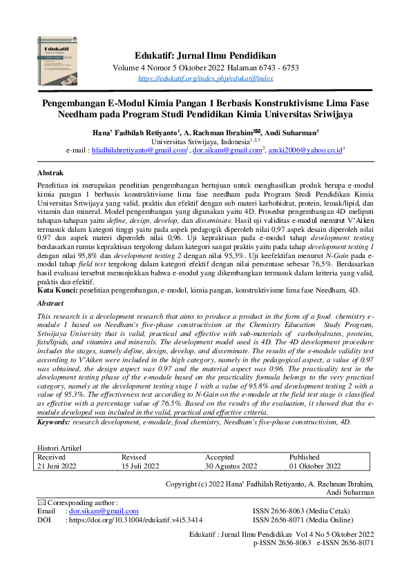 (PDF) Pengembangan E-Modul Kimia Pangan 1 Berbasis Konstruktivisme Lima Fase Needham pada ...