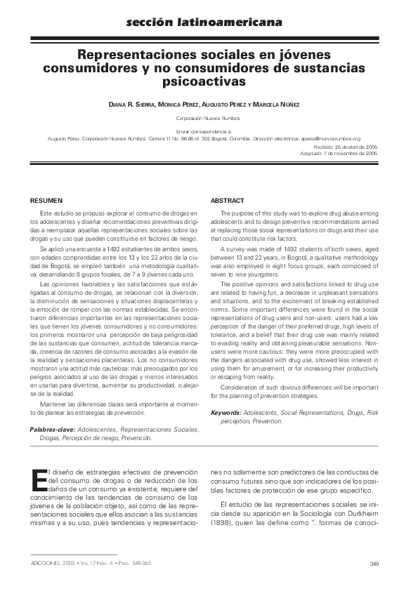 (PDF) Representaciones sociales en jóvenes consumidores y no consumidores de sustancias psicoactivas
