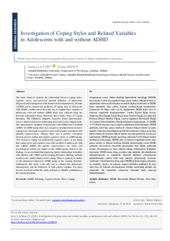 (PDF) Investigation of Coping Styles and Related Variables in Adolescents with and without ADHD