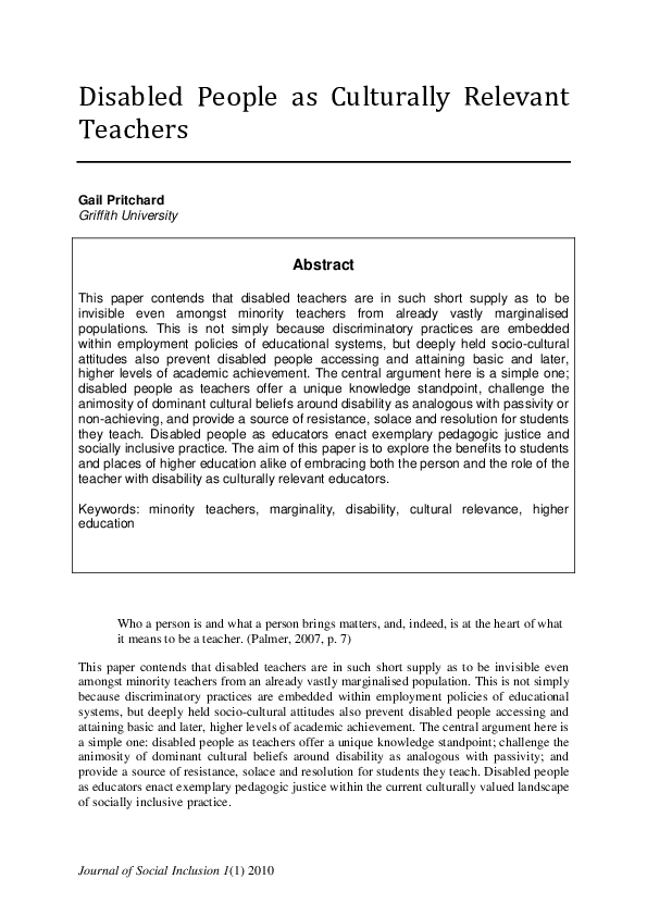 (PDF) Disabled People as Culturally Relevant Teachers